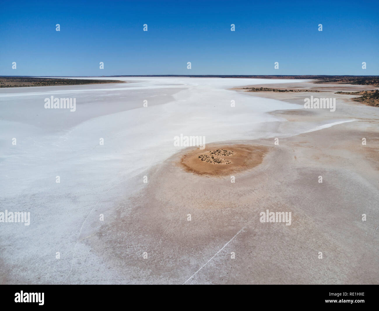 Aerial of the patterns on a salt encrusted lake known as island lagoon ...