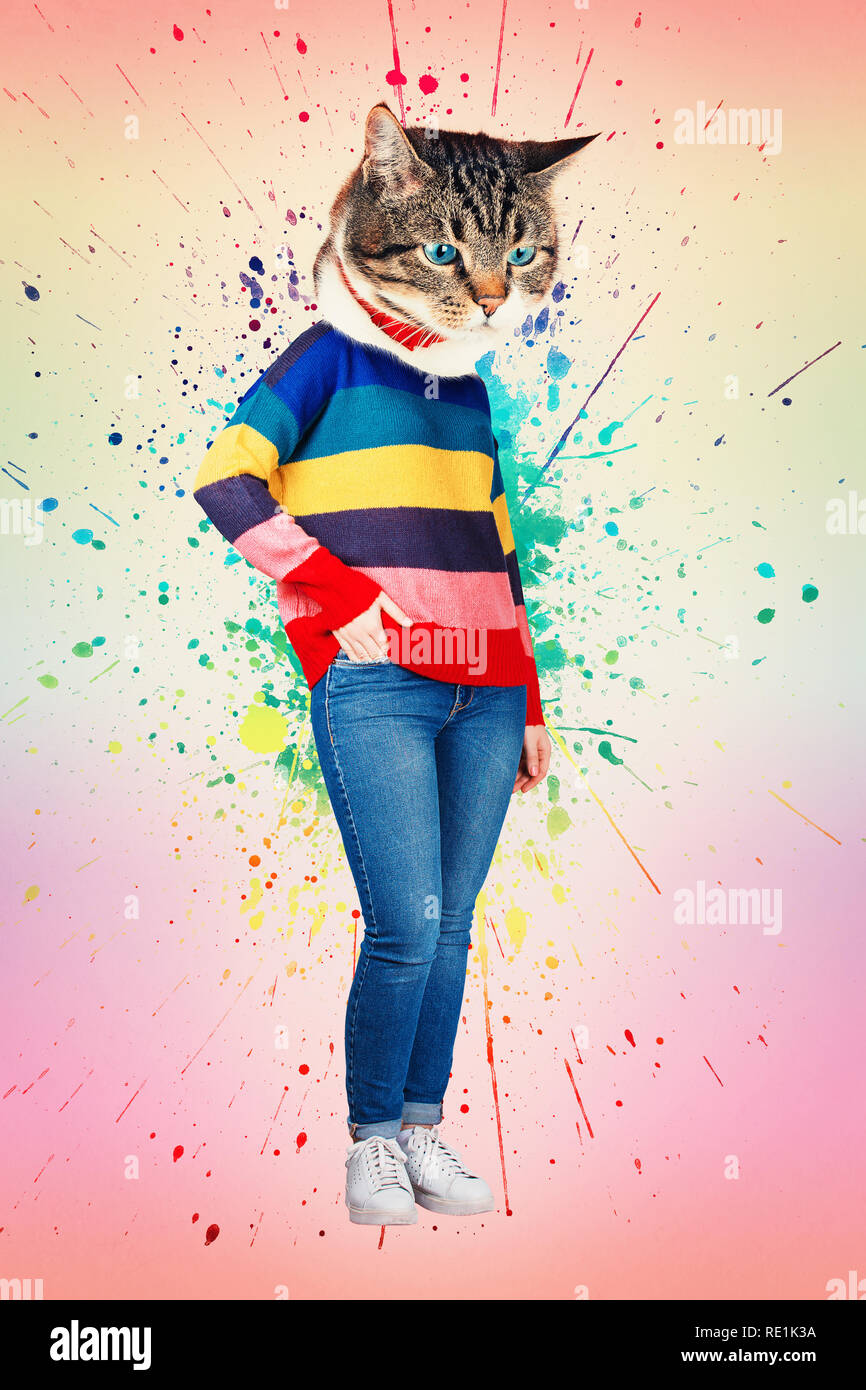 Contemporary art collage full body portrait casual kitten headed woman ...