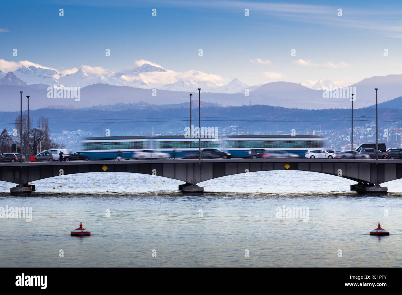 Zurich, Switzerland - view of the Limmat river with its busy bridges ...