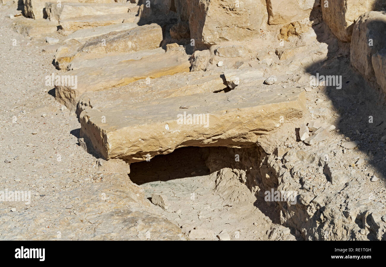 a detail view of one of the water channels at Shivta National Park in ...