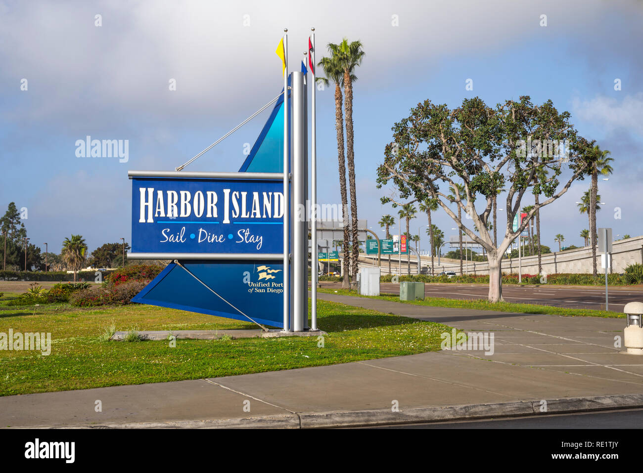 Harbor Island sign on North Harbor Drive. San Diego, California, USA ...