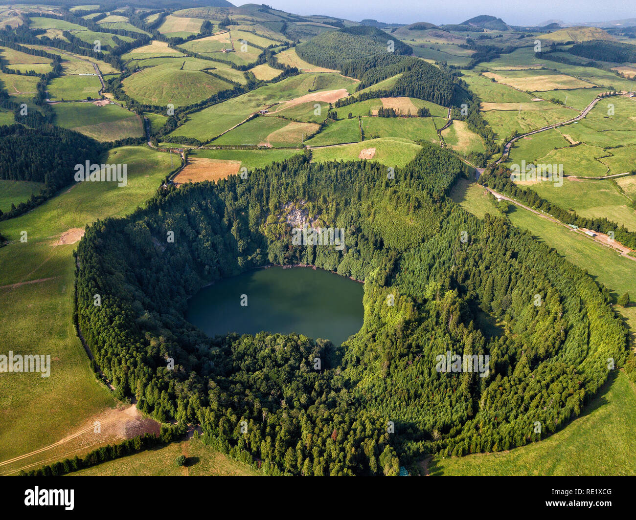 Drone view of amazing lagoon. Lake formed by the crater of an old ...