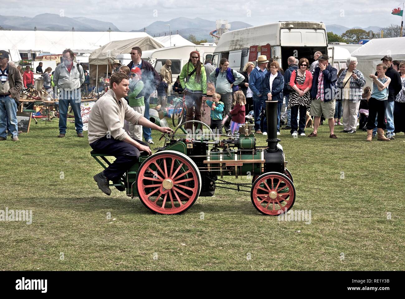 A miniature steam traction engine being driven at the Anglesey Vintage ...