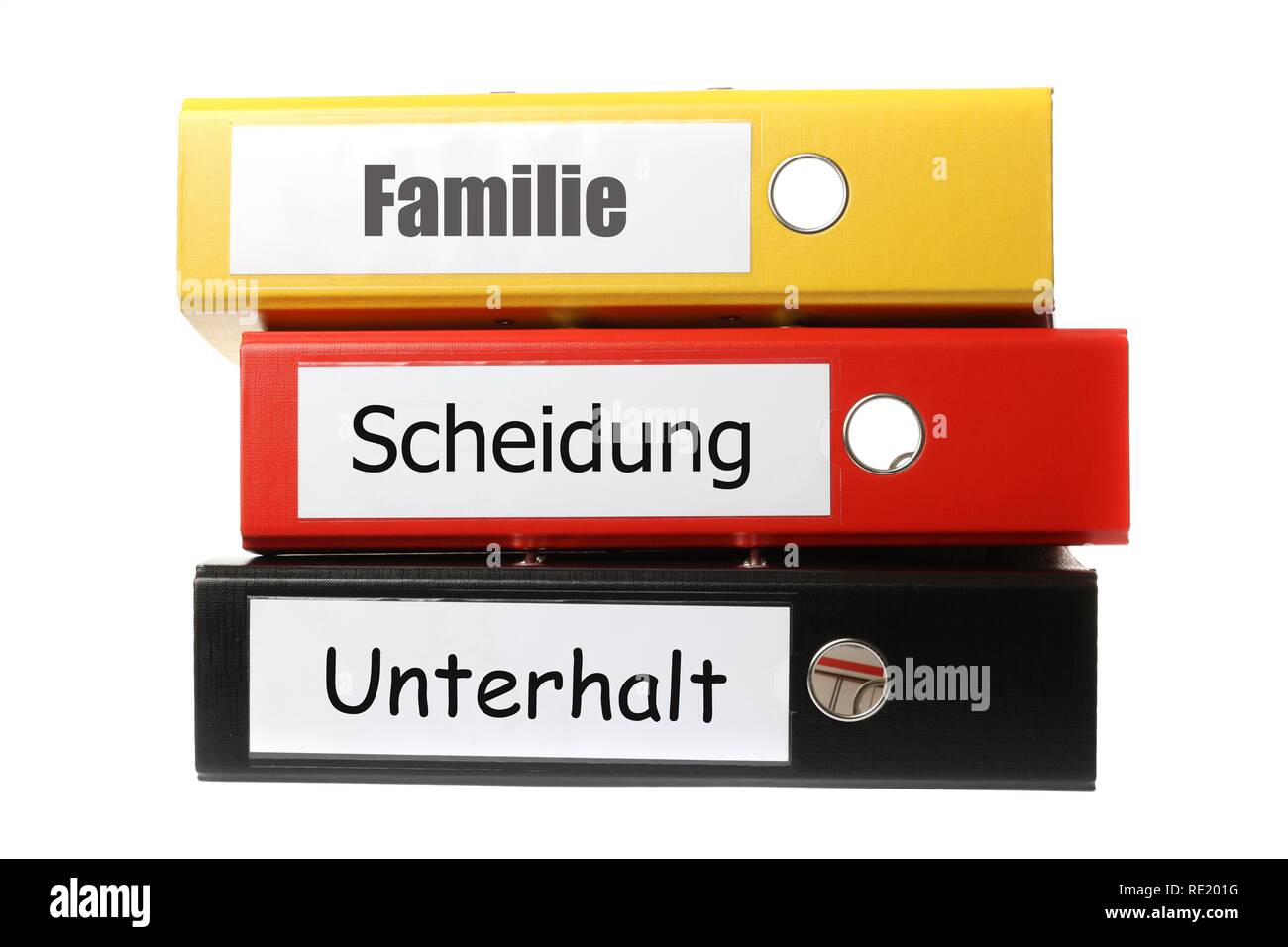 Black, yellow and red ring binders, labelled in German for family ...