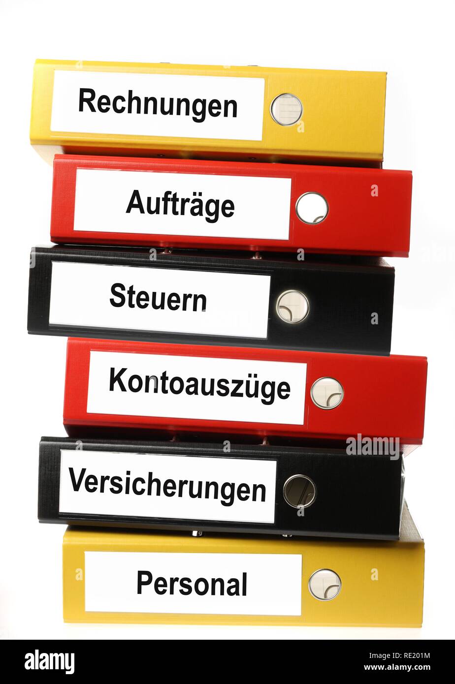 Black, yellow and red ring binders, labelled in German for invoices ...