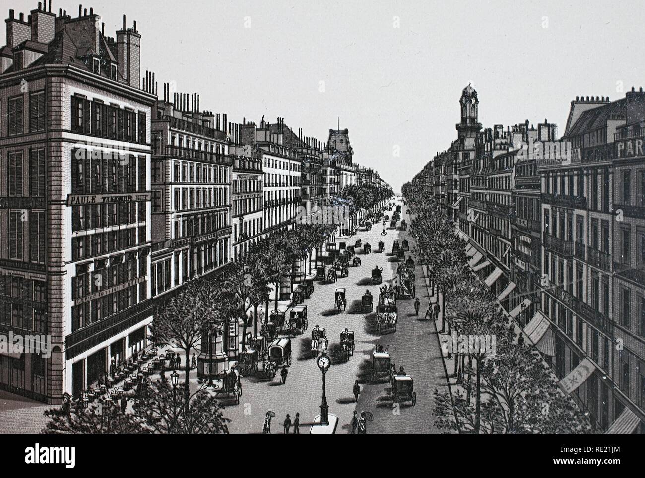 Boulevard des Italiens, historic copper-plate etching, from around 1890 ...