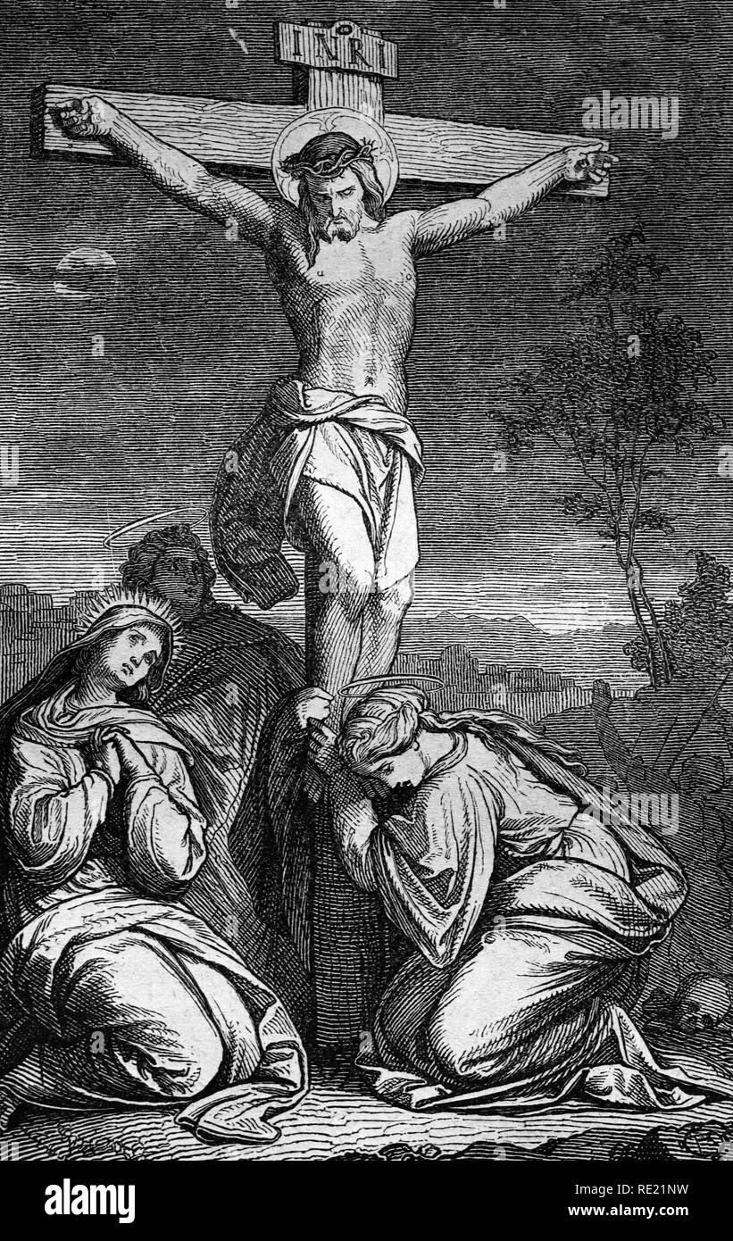 The Crucifixion of Christ, historic steel engraving from 1860 Stock ...