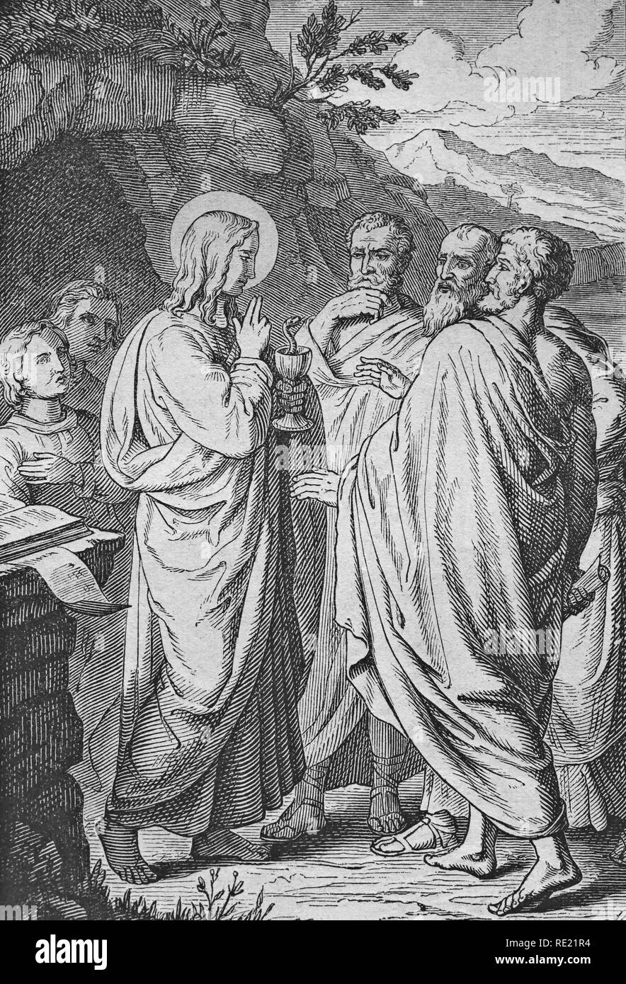 St. John blessing the poisoned wine, historic steel engraving from 1860 ...