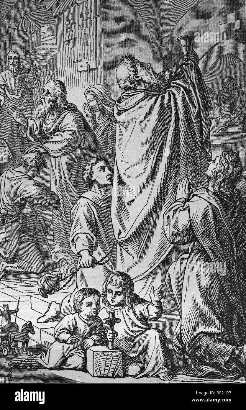 The celebration of Holy Mass in the catacombs of Rome, historic steel ...