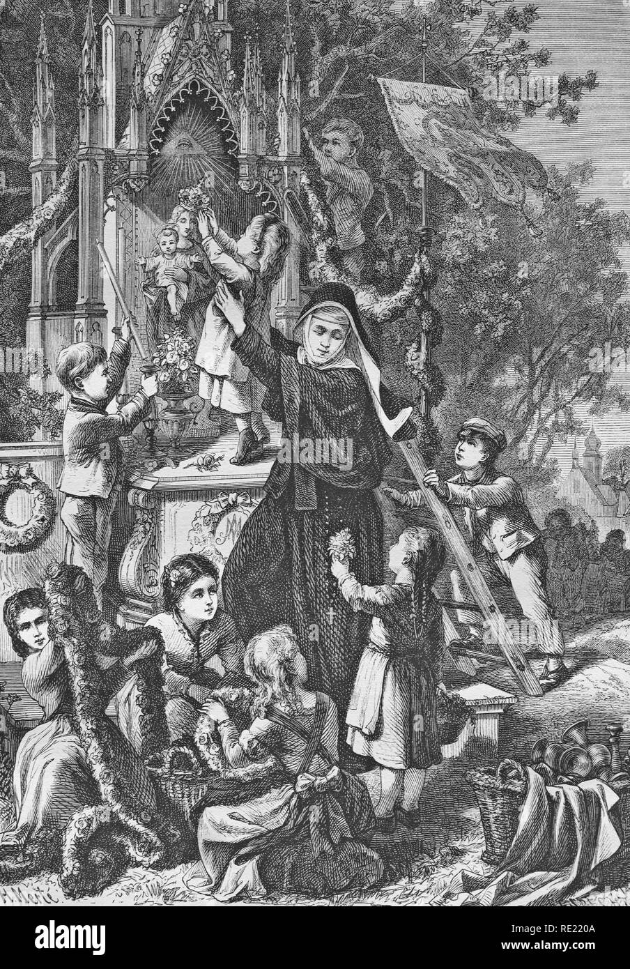 The decoration of the Marian Altar, historic steel engraving from 1860 ...