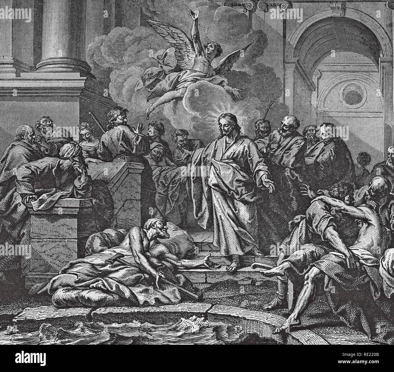 Jesus and the patient at the pool of Bethsaida, historic steel ...