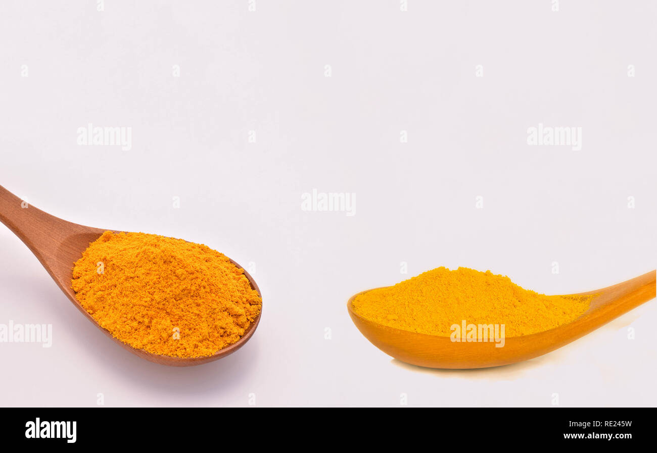 Two images of turmeric powder on the wooden spoon with the white ...