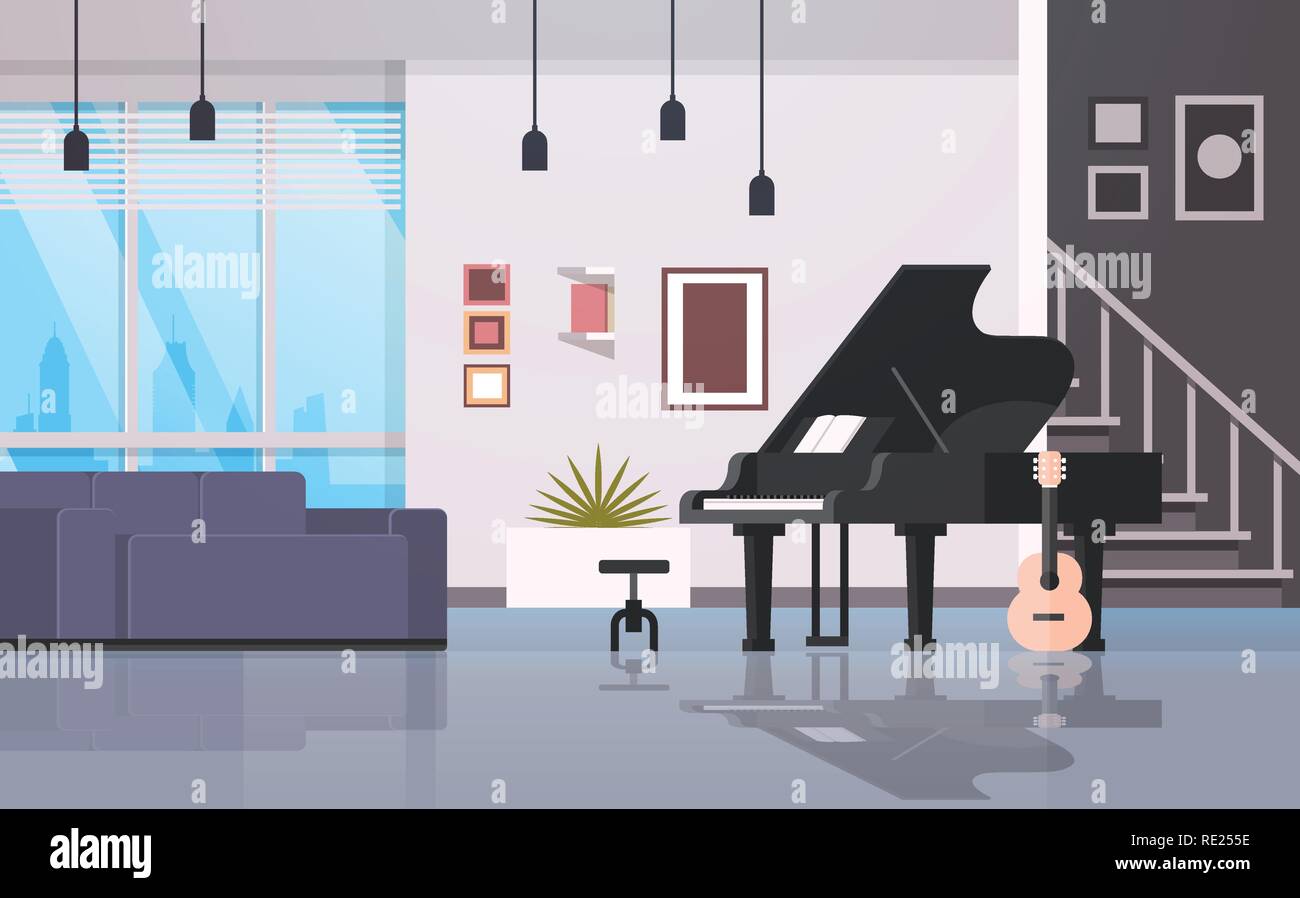 contemporary home hall musical instruments piano guitar empty house ...