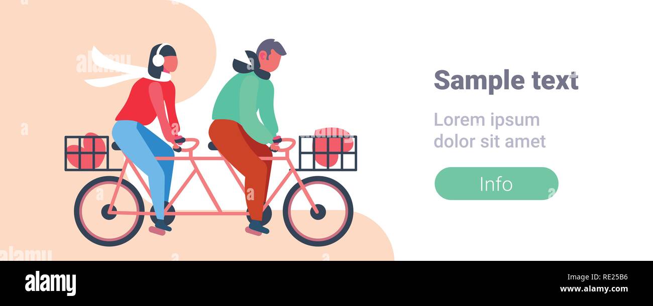 couple riding tandem bicycle with heart shape happy valentines day holiday concept man woman ...