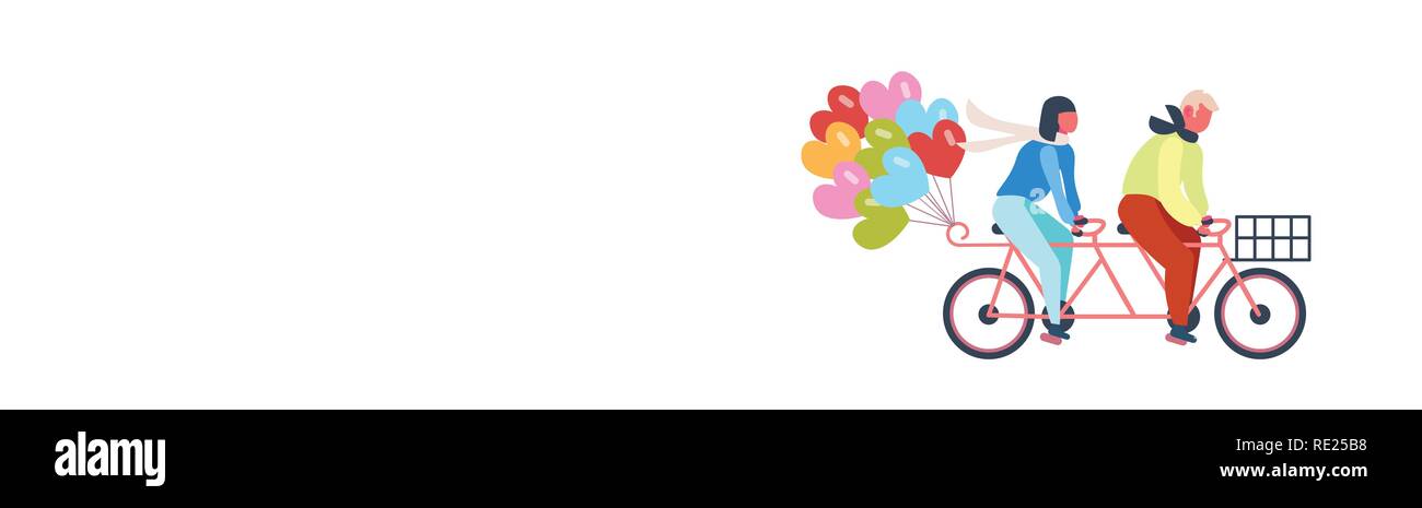 couple riding tandem bicycle with heart shapes air balloons happy valentines day holiday concept ...