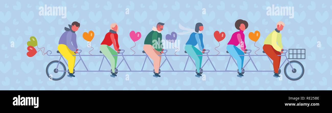 people group riding tandem bike with heart shape air balloons happy ...