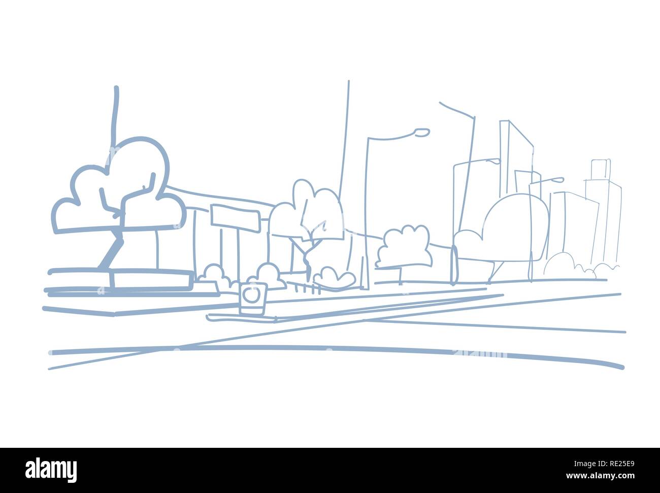 empty city street skyscraper buildings view modern cityscape sketch ...