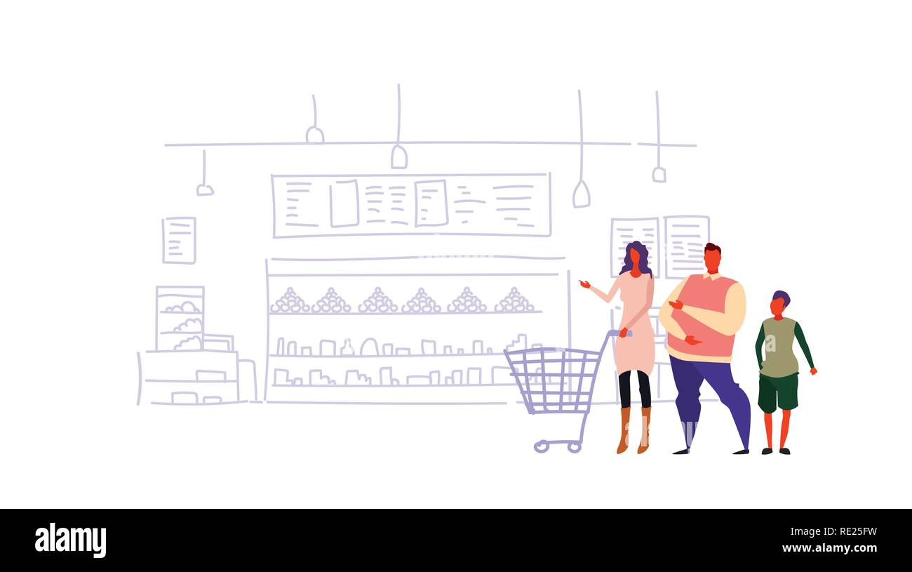 happy family holding shopping trolley cart choosing food in supermarket ...