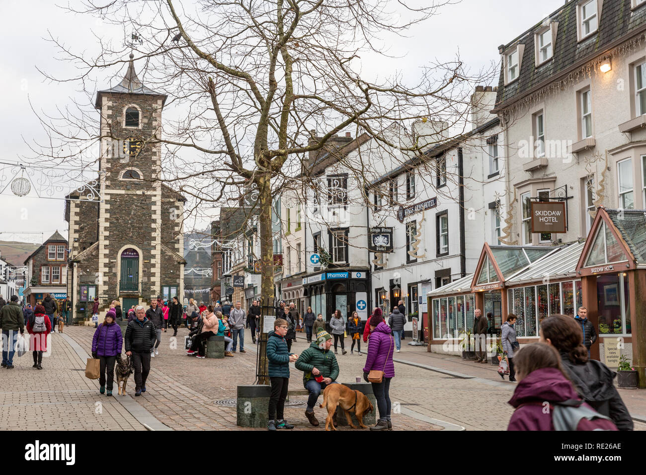 Keswick, a market town in the Lake District with the moot hall and ...