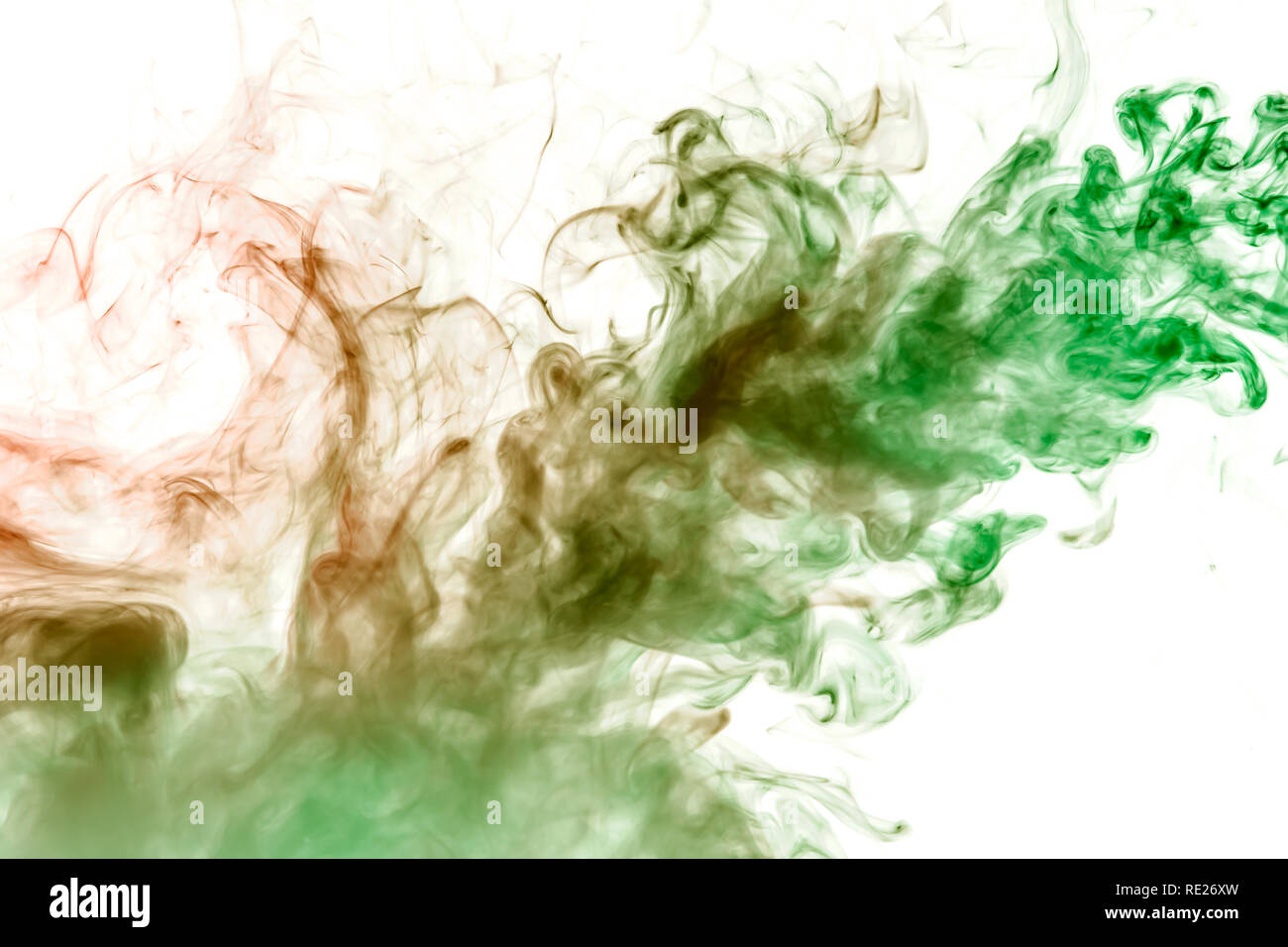 Background of dark green and red wavy smoke on a white isolated ground ...