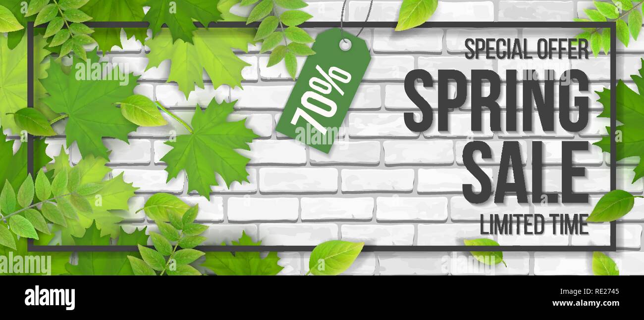 Sale frame spring leaves on white brick wall background Stock Vector ...