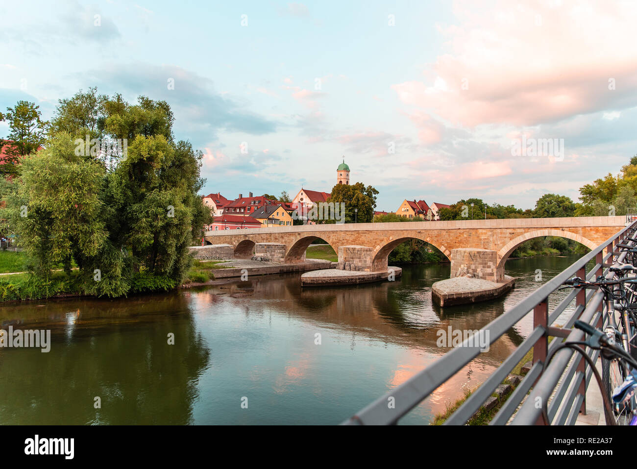 Footbridge the Stone Bridge across the Danube river. Popular tourist ...