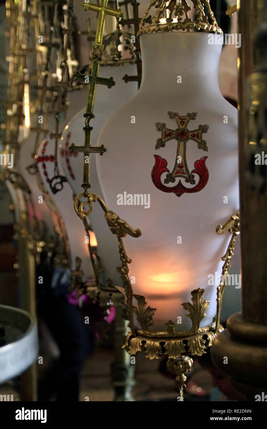 Lights over the Stone of Anointing in the Church of the Holy Sepulchre ...