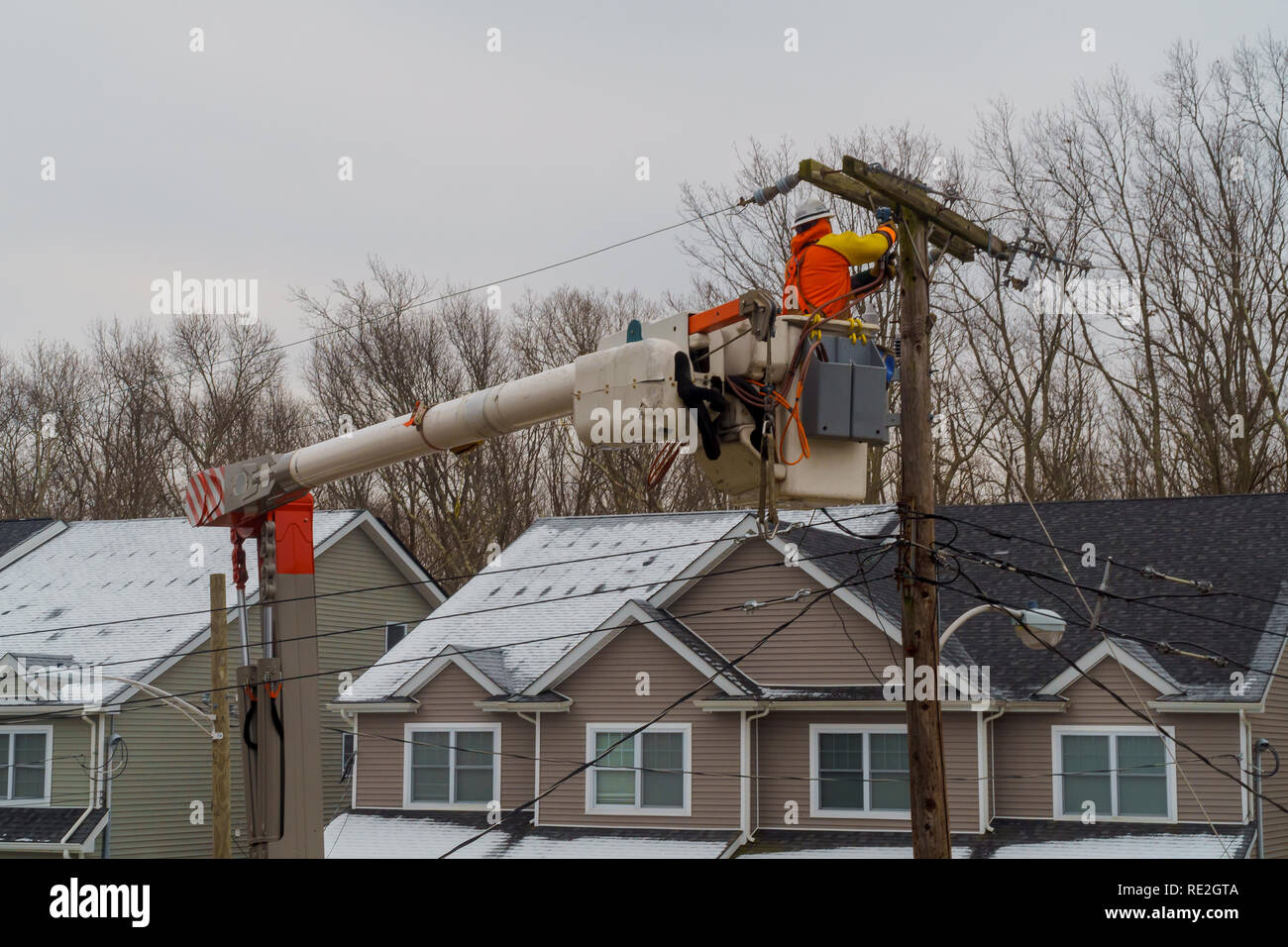 Electric power pole. Wire breakage after snow storm hurricane. Broken ...