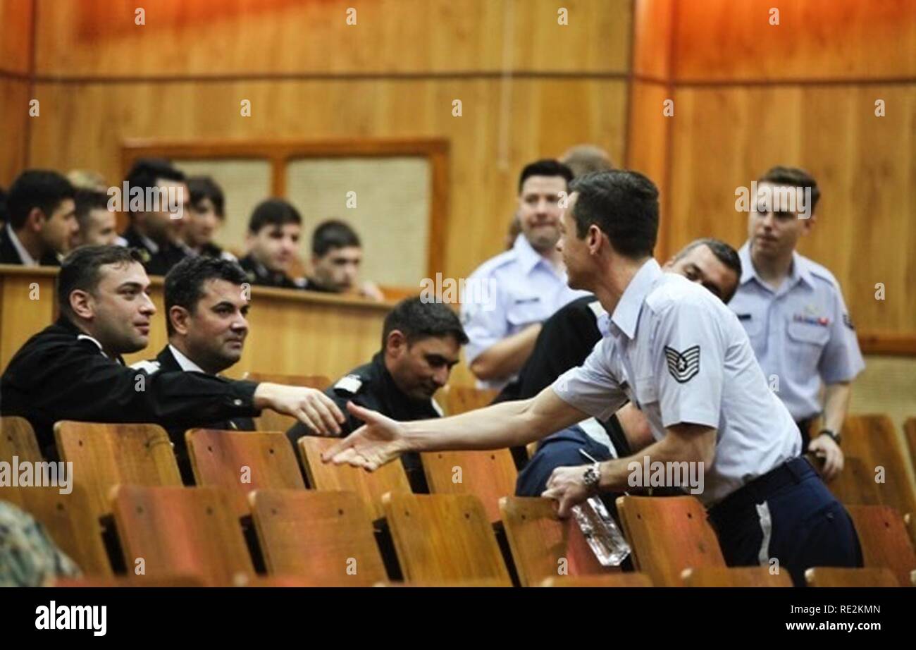 U.S. Air Forces in Europe Band performs a concert for the Romanian cadets attending the Mircea ...