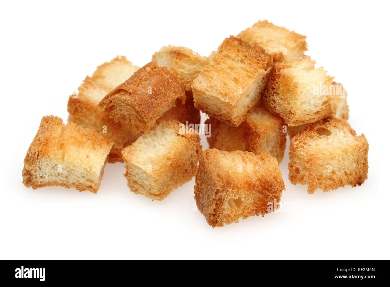 Tiny bread cubes isolated on white background. Macro, studio shot Stock ...