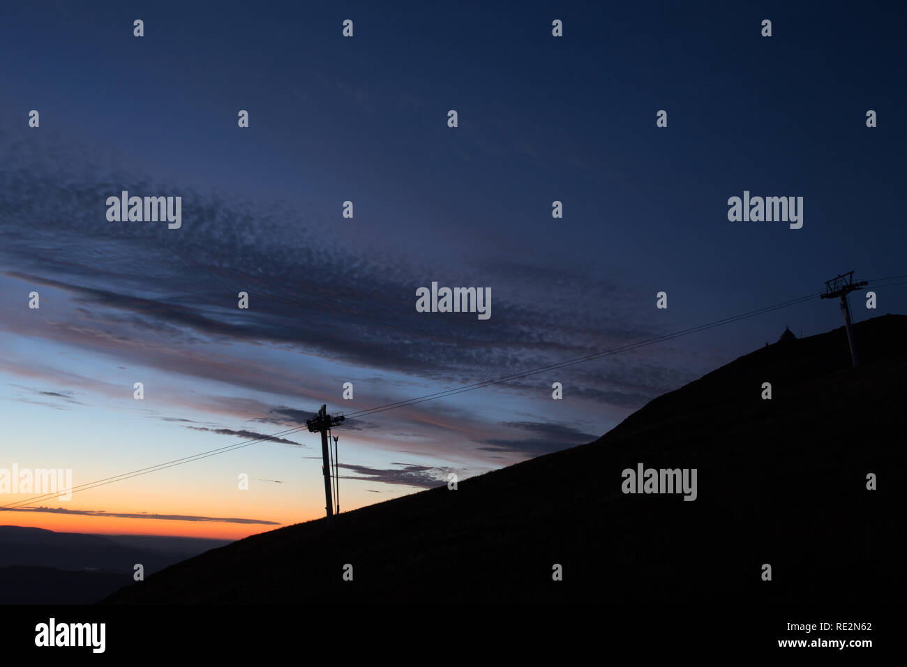 A ski lift and building under a summer starry sky at Mt Buller in the ...