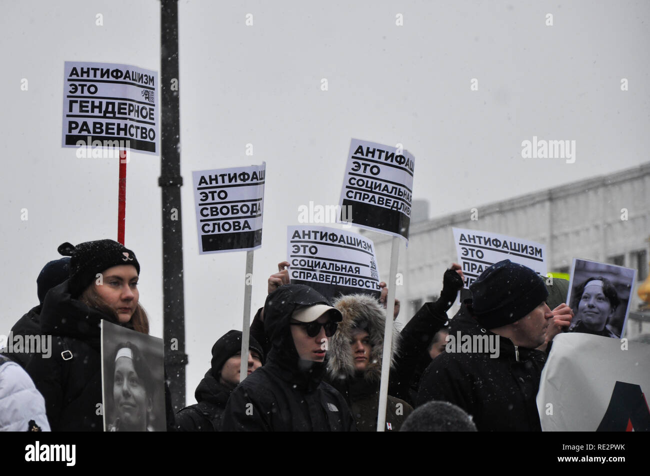 Moscow, Russia. 19th Jan, 2019. Activists are holding signs stating ...