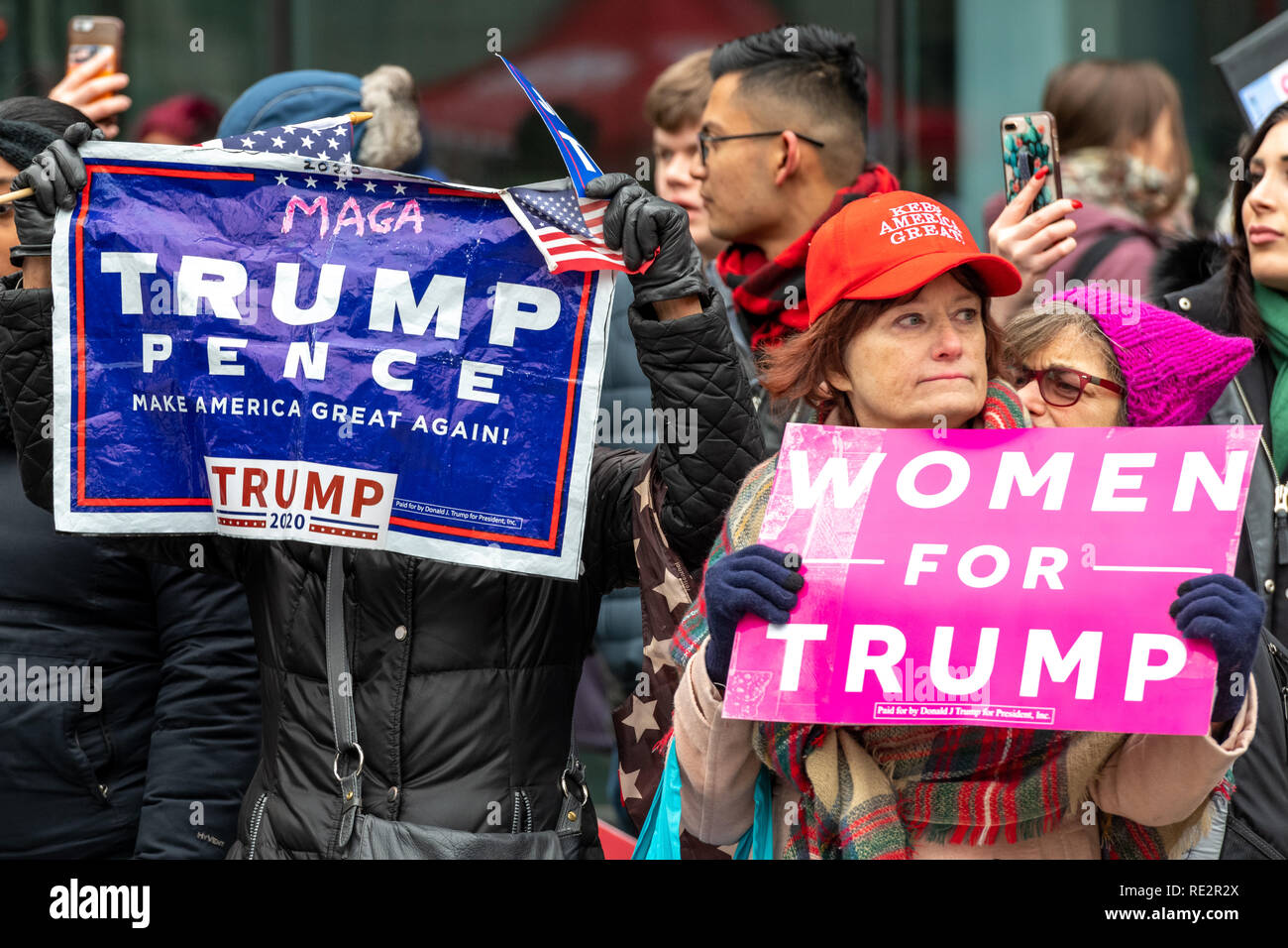 New York, USA, 19JAN2019 - Counter-demonstrators carry pro-Trump signs ...