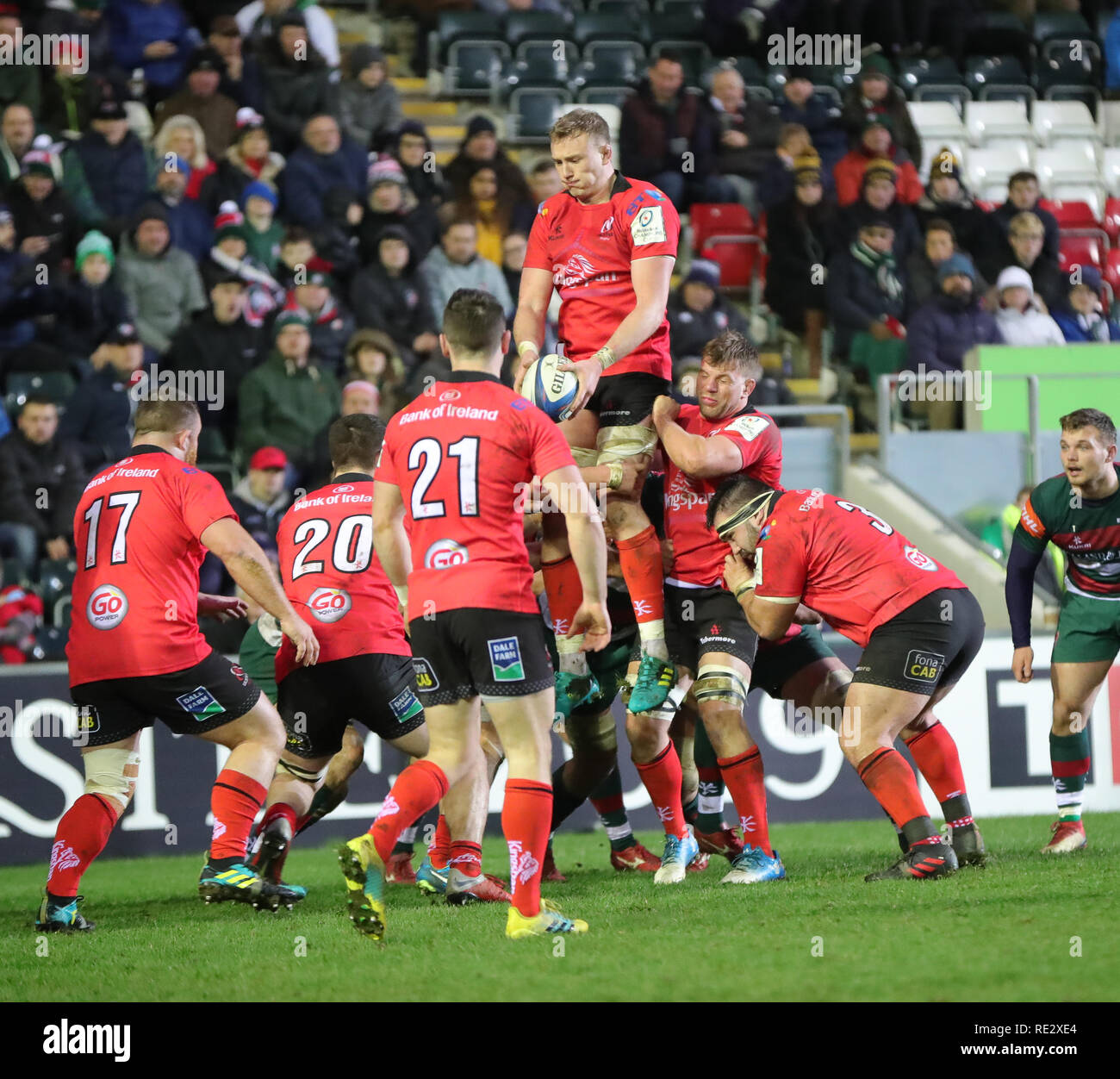 Leicester, UK. 19th Jan 2019. Kieran Treadwell (Ulster Rugby) takes the ...