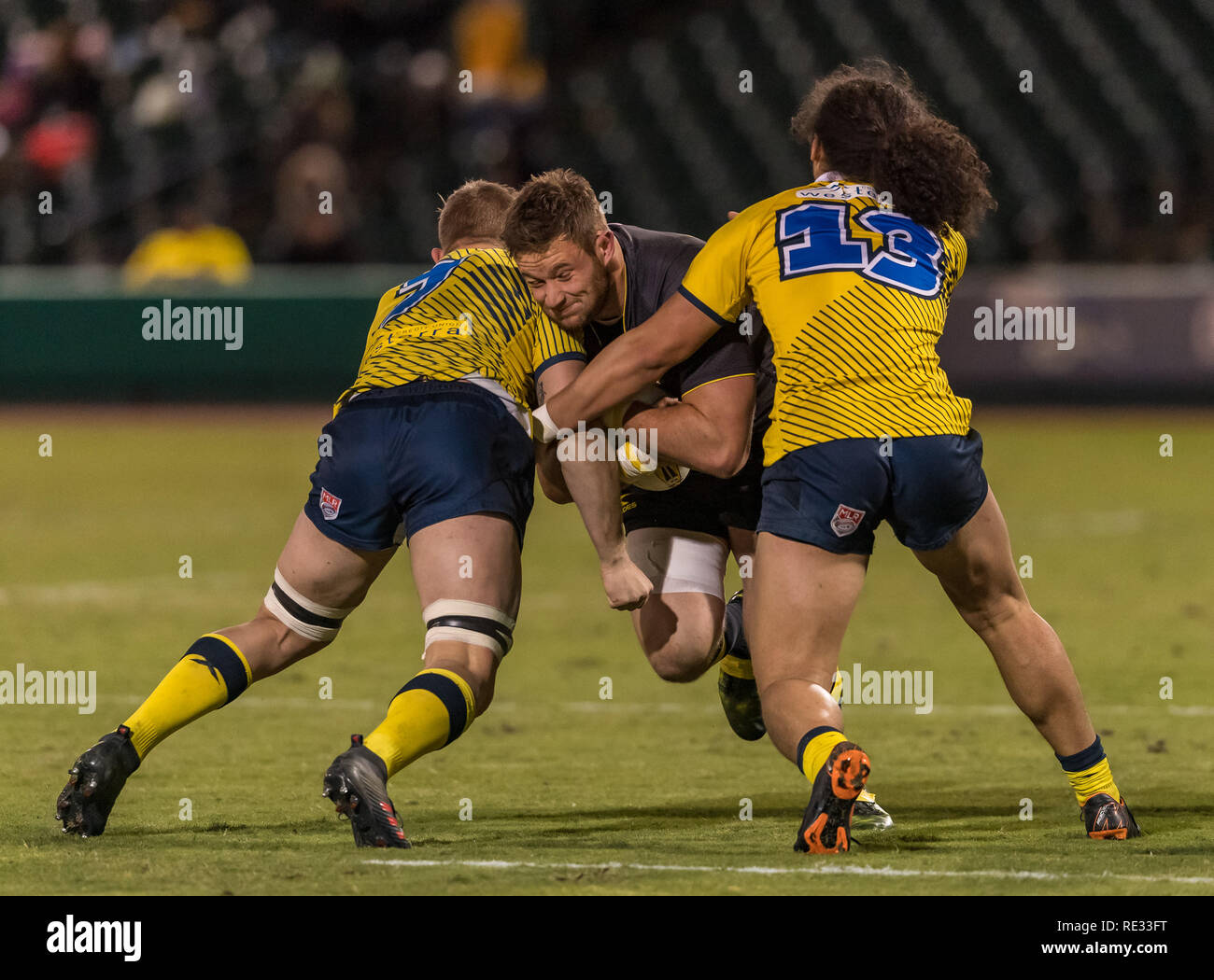 Houston SaberCats prop Jamie Denver (1) gets blocked by Glendale ...