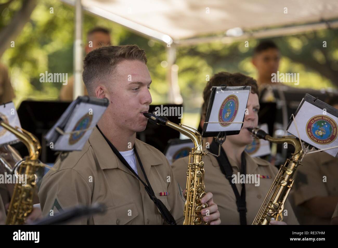 The U.S. Marine Corps Forces, Pacific band plays The Marines' Hymn ...