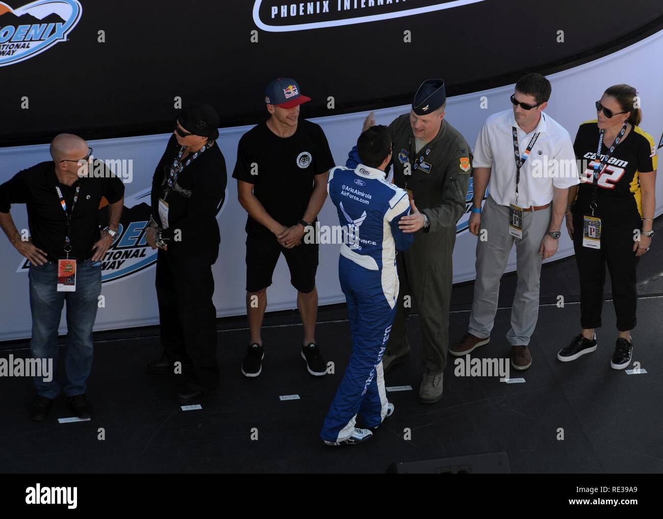 Aric Almirola, NASCAR driver, greets Col. David Shoemaker, 56th Fighter ...