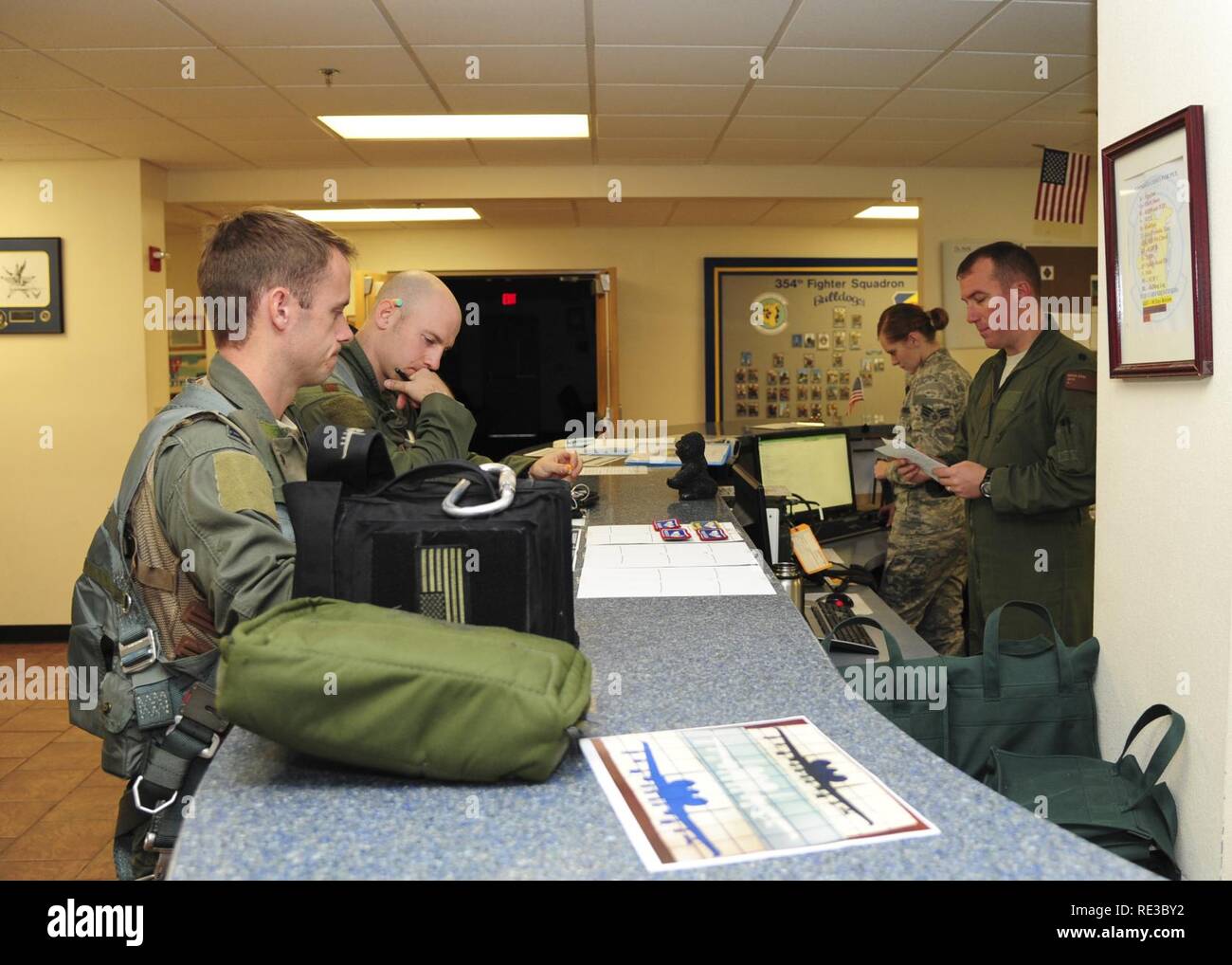 U.S. Airmen from the 354th Fighter Squadron receive a pre-flight ...