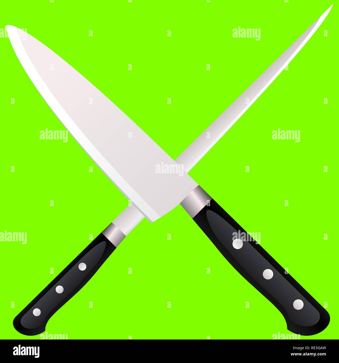 Two kitchen knives cross on a colored background. illustration in 3d ...