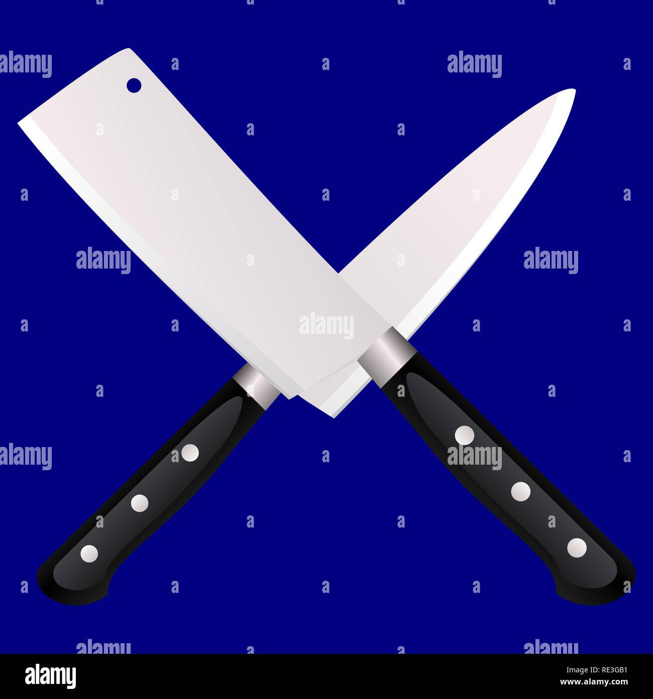 Two kitchen knives cross on a colored background. illustration in 3d ...