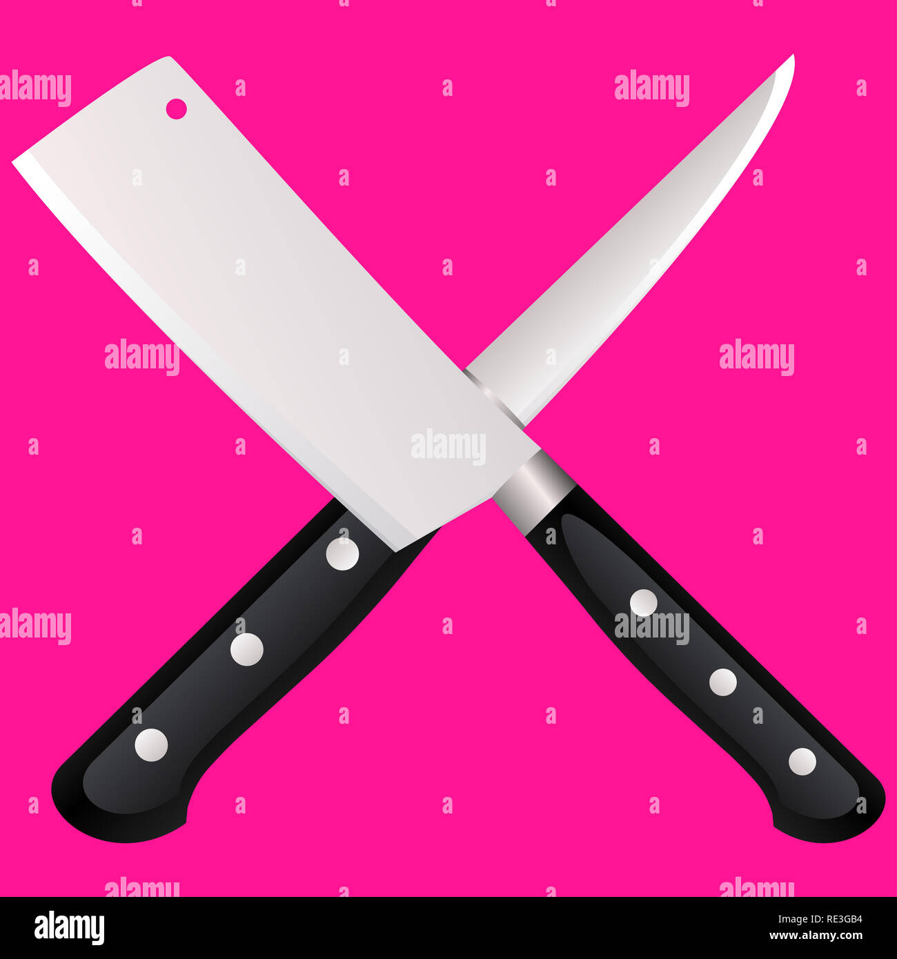 Two kitchen knives cross on a colored background. illustration in 3d ...