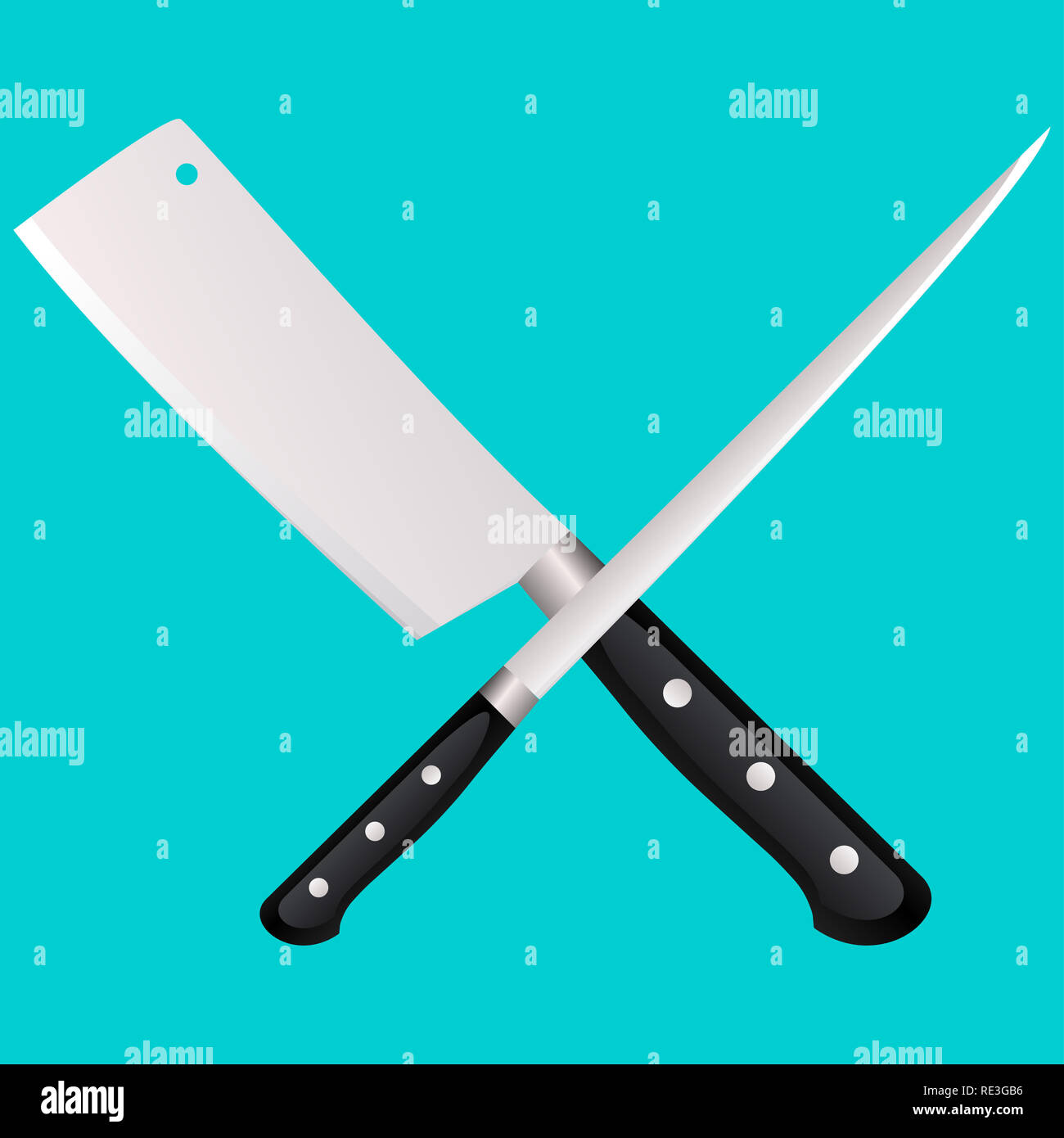 Two kitchen knives cross on a colored background. illustration in 3d ...
