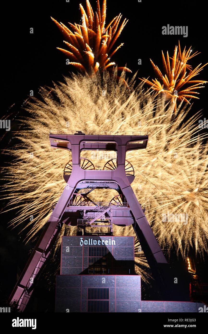 Fireworks above the headframe or winding tower of the Zollverein Coal ...