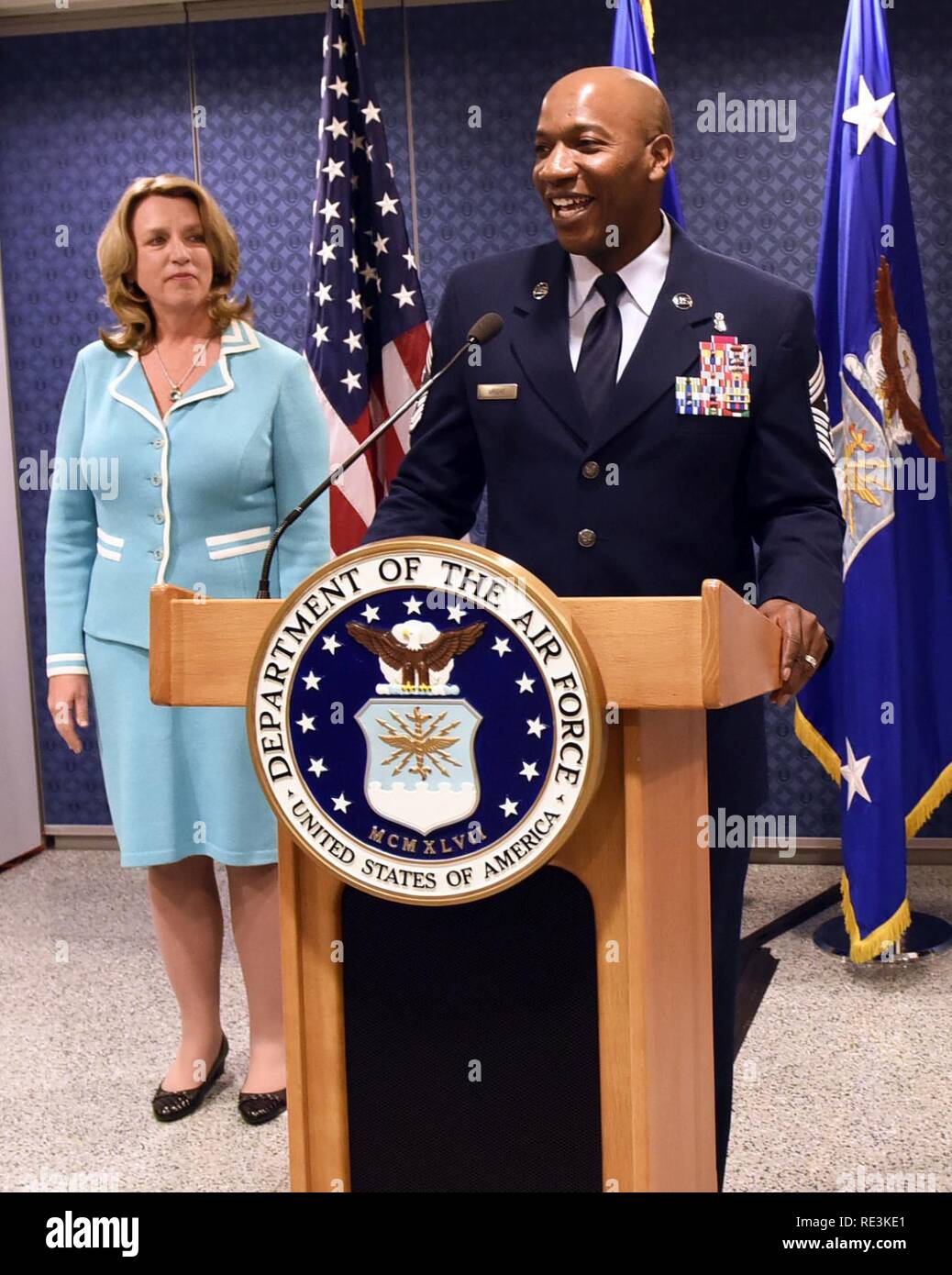 Chief Master Sgt. Kaleth O. Wright speaks after being named the 18th ...