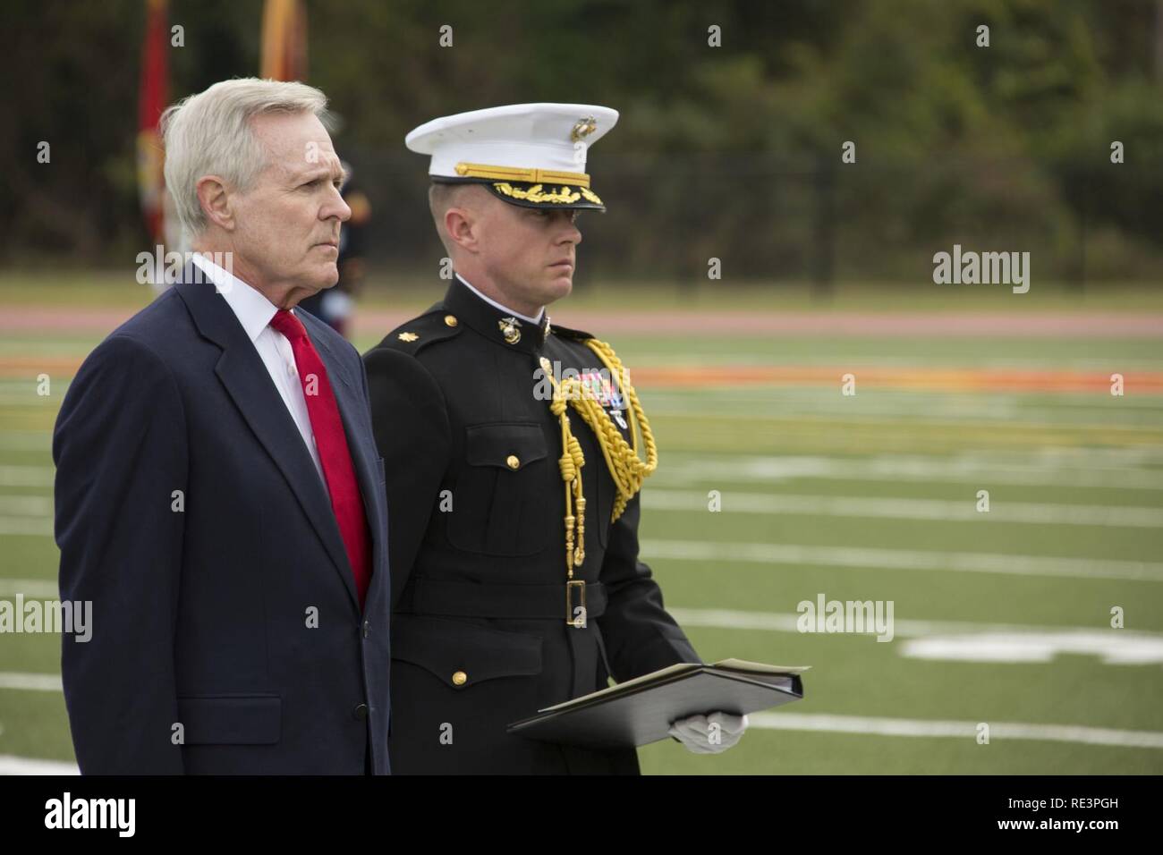 Secretary of the Navy Ray Mabus, left, stands during the Joint Daytime ...