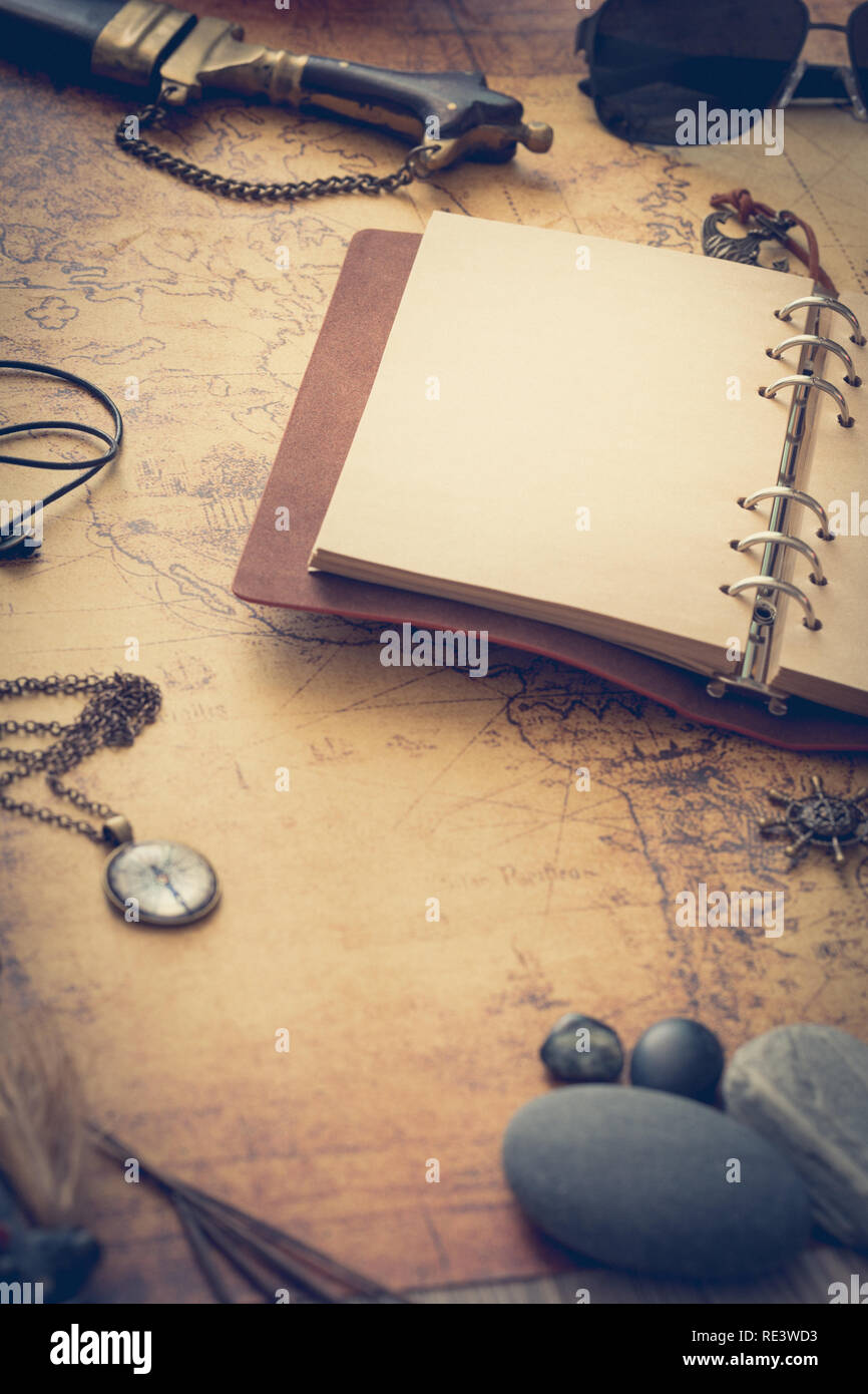 old map and traveler's notebook with empty space for text, vintage ...