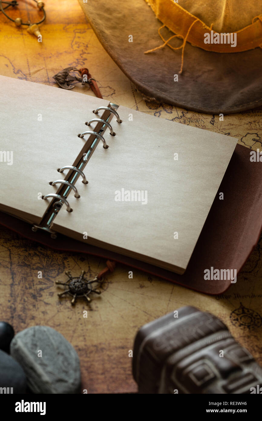 old map and traveler's notebook with empty space for text, vintage ...