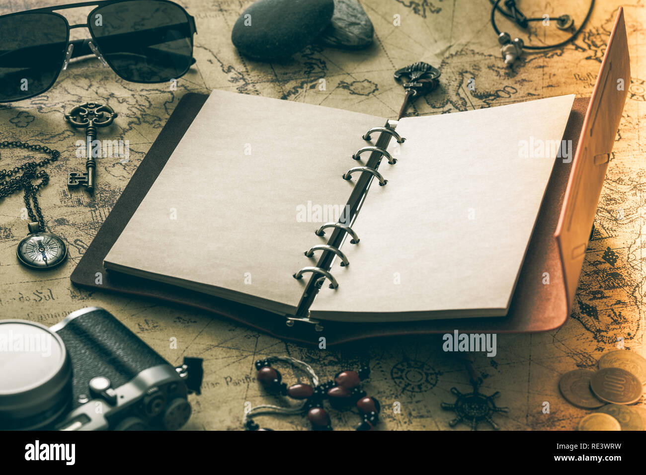 old map and traveler's notebook with empty space for text, vintage ...