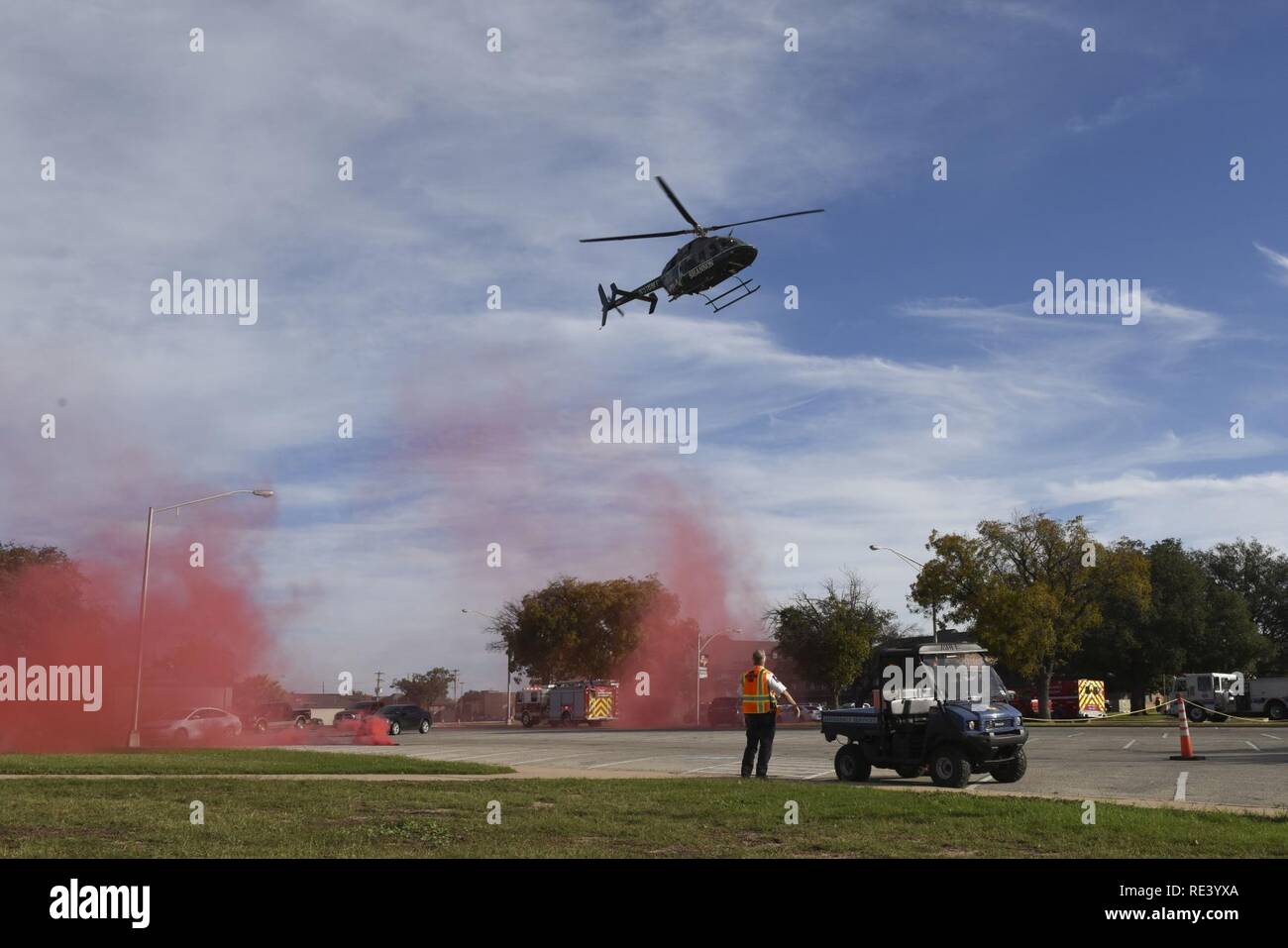 A Shannon Medical helicopter lands at the Base Theater on Goodfellow ...