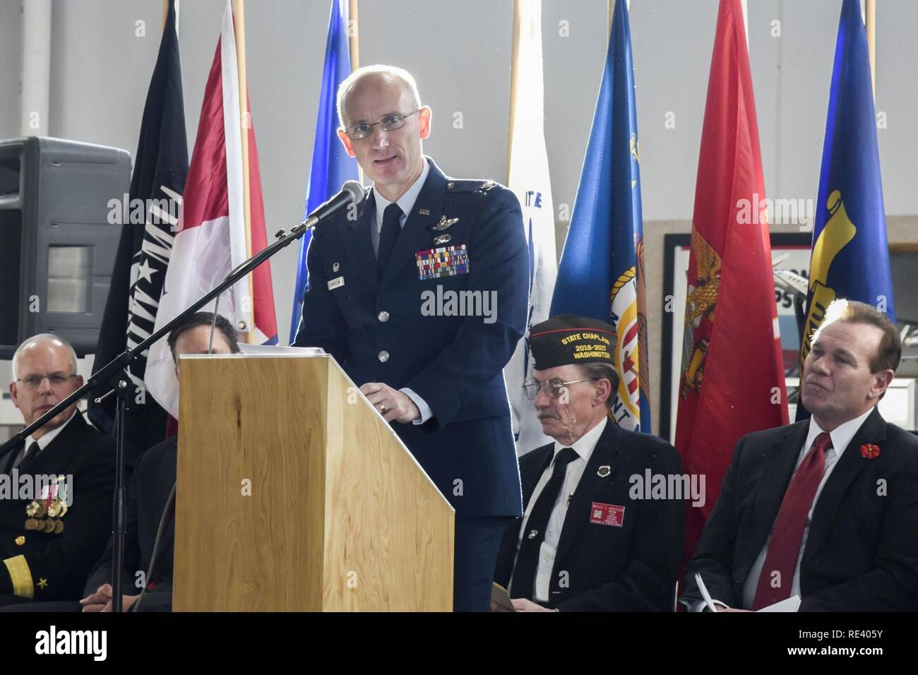 Col. Ryan Samuelson, 92nd Air Refueling Wing commander, speaks during a ...